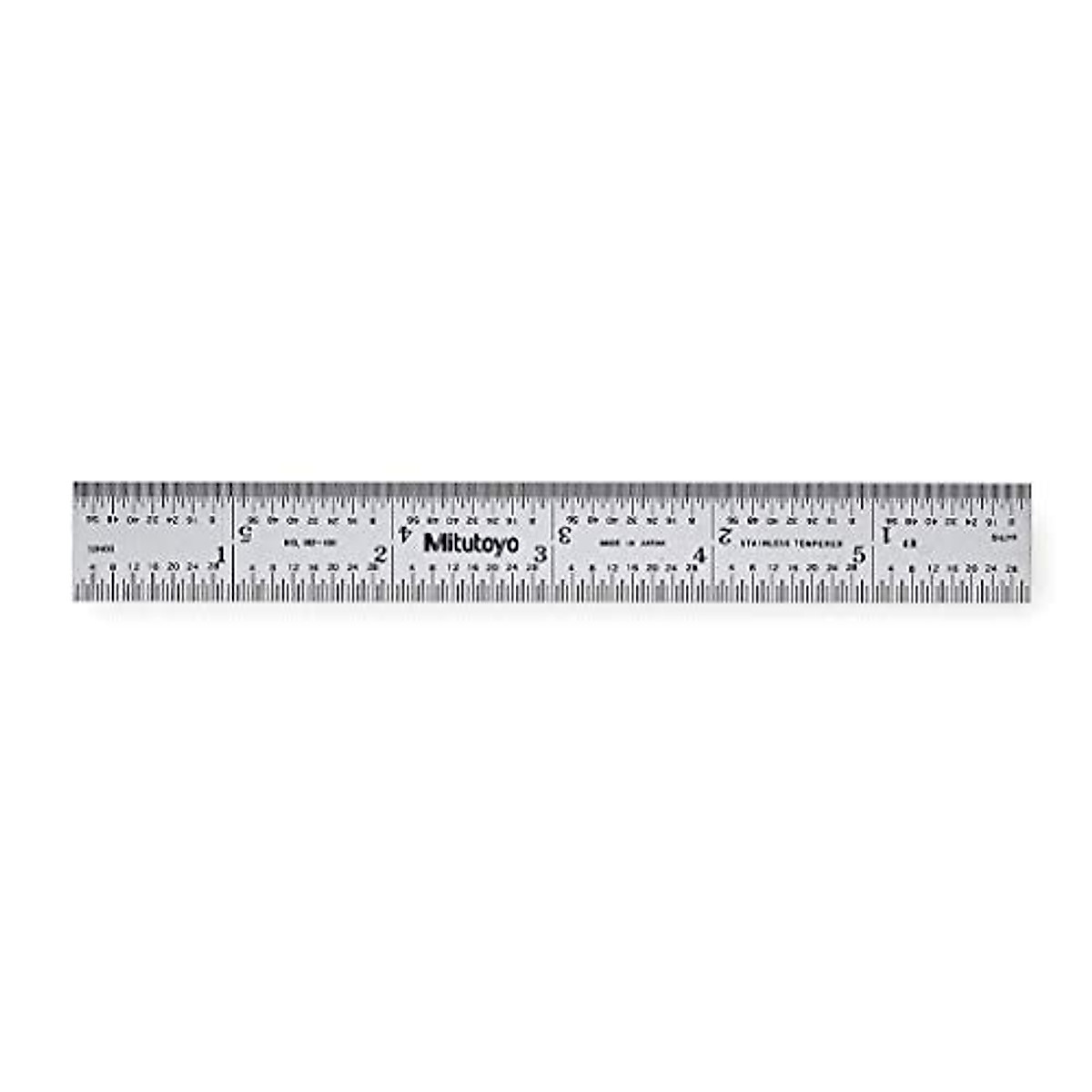 Mitutoyo 182-101, Steel Rule, 6" (4R), (1/8, 1/16, 1/32, 1/64"), 3/64" Thick X 3/4" Wide, Satin Chrome Finish Tempered Stainless Steel