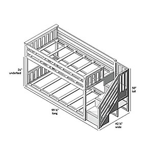 Max & Lily Low Bunk Bed, Twin-Over-Twin Bed Frame For Kids With Stairs, White