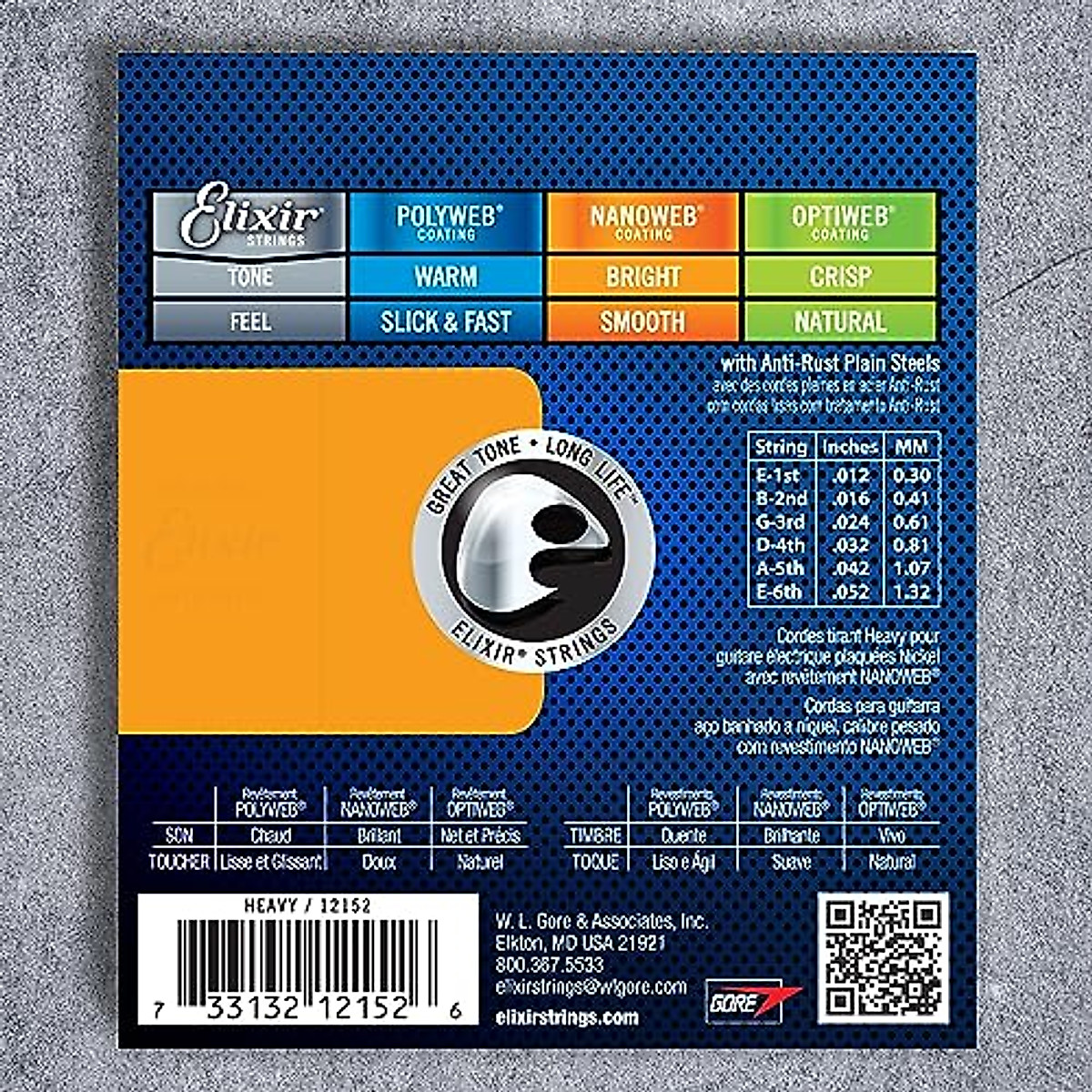 Elixir Strings, Electric Guitar Strings, Nickel Plated Steel with NANOWEB Coating, Longest-Lasting Bright Tone with Comfortable Feel, 6 String Set, Heavy 12-52
