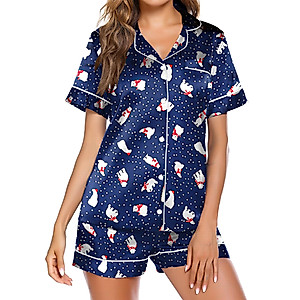 Ekouaer Christmas Pajamas for Women Satin Sleepwear Short Sleeve Button Down Loungewear Pjs Set (Christmas Polar Bear,S)