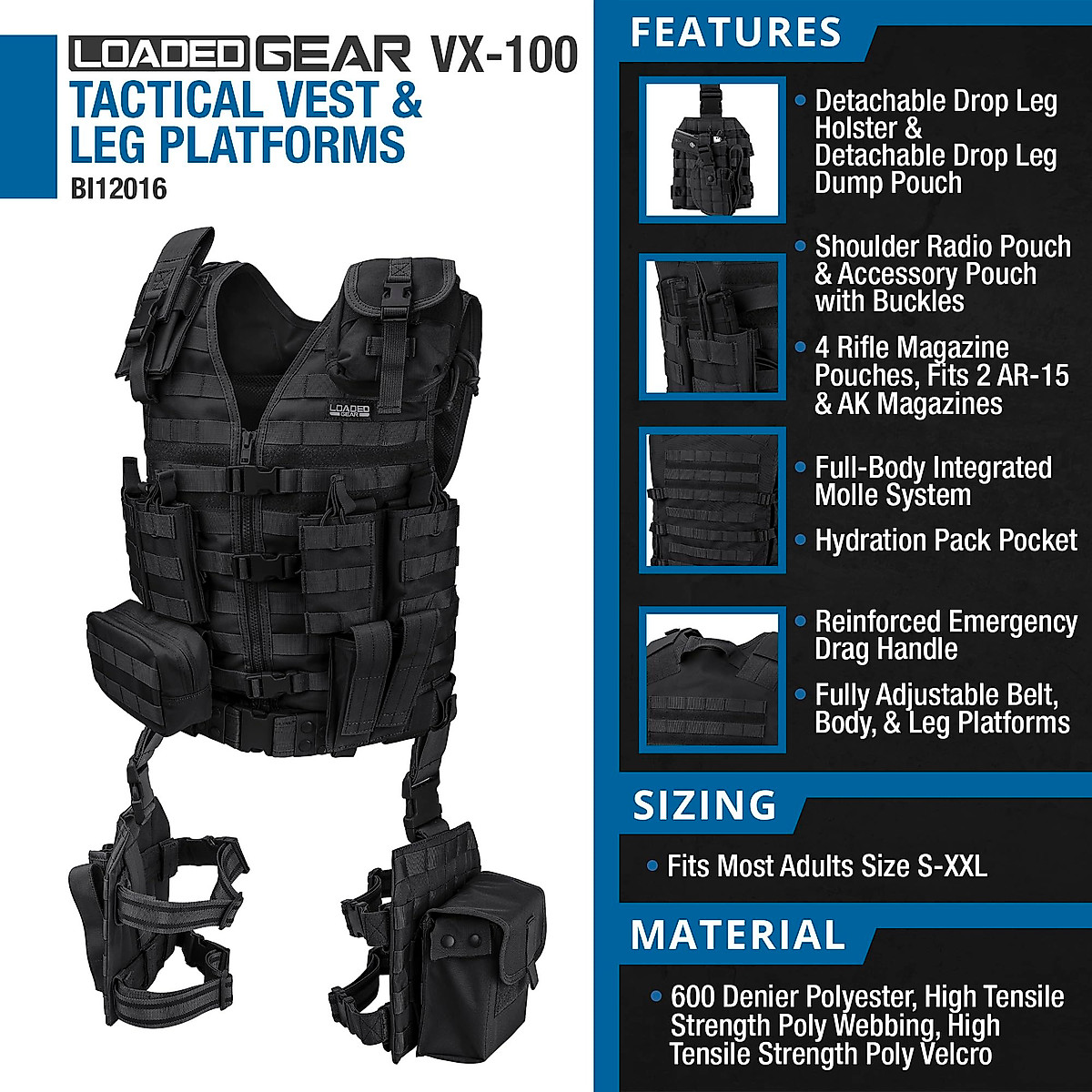 Barska BI12016 Loaded Gear VX-100 Tactical Vest and Leg Platform, Black, One Size