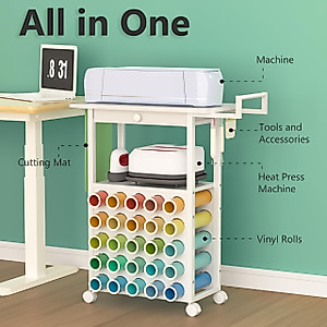 ousamili Craft Organization and Storage Cart Compatible with Cricut Machines, Craft Table with 25 Vinyl Roll Holder, Craft Cabinet Table for Craft Room and Home Workstation
