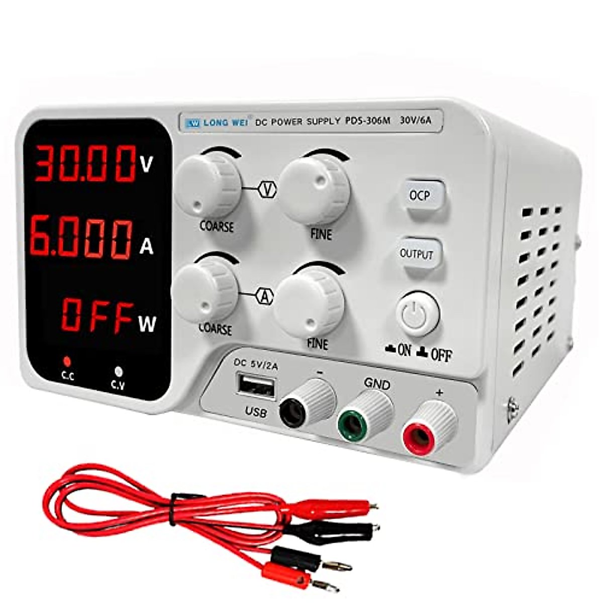 DC Power Supply Variable,30V 6A 180W Adjustable Switching Regulated DC Bench Power Supply with 4-Digits LED Power Display 5V/2A USB Output, Coarse and Fine Adjustments White