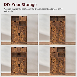 WEENFON Storage Cabinet with 2 Adjustable Drawers & 2 Barn Doors, Floor Cabinet, Freestanding Cupboard with Adjustable Shelf, for Living Room, Home Office, Kitchen, Rustic Brown