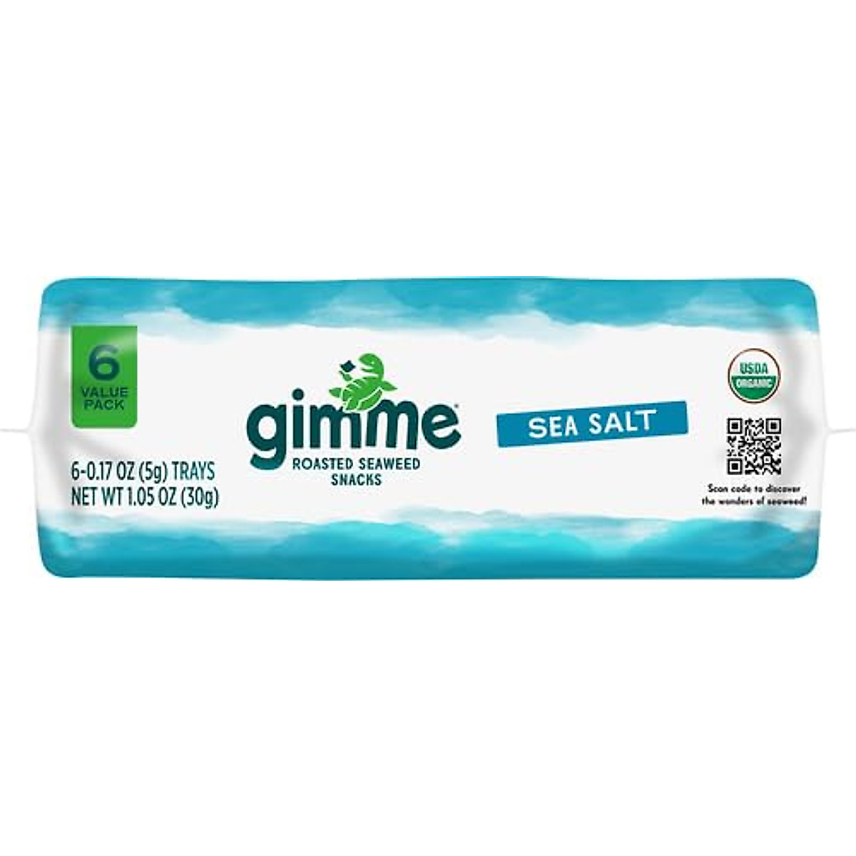 gimMe - Sea Salt Organic Roasted Seaweed Sheets Keto, Vegan, Gluten Free Great Source of Iodine & Omega 3’s Healthy On-The-Go Snack for Kids Adults 6 Count( Pack 1)