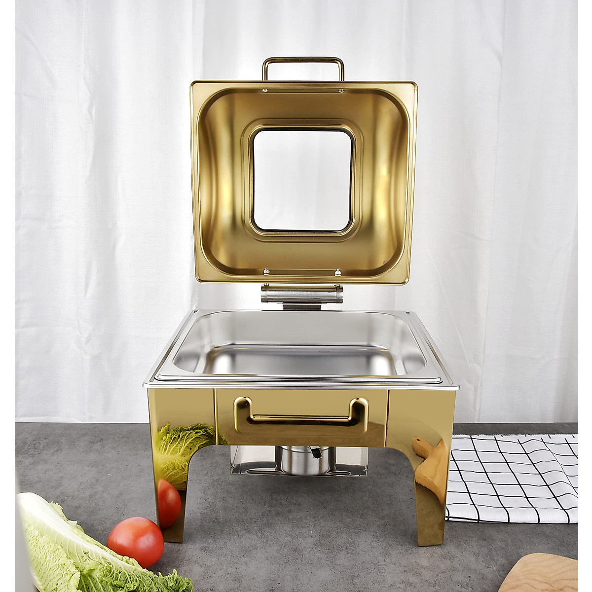 HONHPD Golden Chafing Dish Buffet Set 6.8 Qt Stainless Steel Complete Chafer Set Catering Warmer Set with Water Pan, Fuel Holder for Parties, Dinners, Catering, Buffet and Weddings