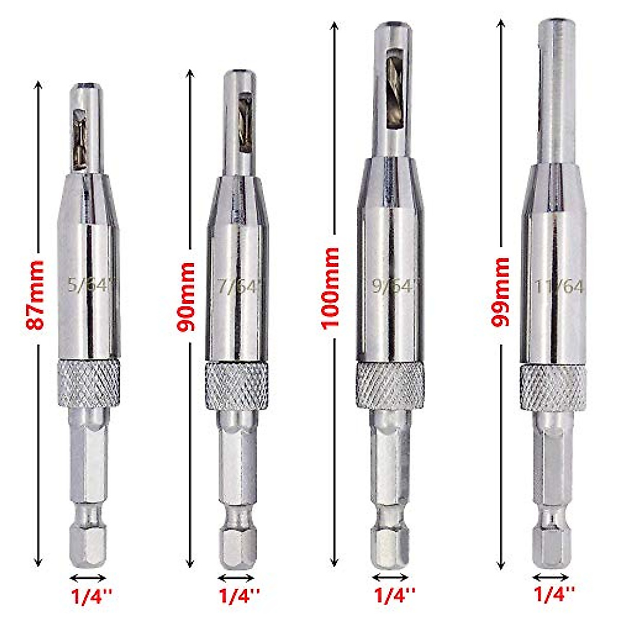 Saiper 4pcs HSS Door Self Centering Hinge Hole Opening Drill Bit Set, 1/4" Hex Shank Doors Cabinet Hinge Drill Bits Tool Set (5/64", 7/64", 9/64", 11/64")