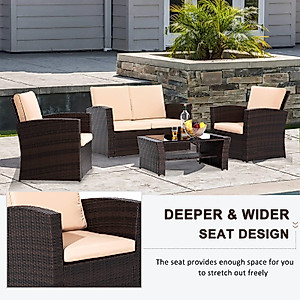 Vakollia 4 Piece Outdoor Patio Furniture Sets, Wicker Rattan Conversation Sofa Set with Table & Chair for Backyard Balcony Garden Poolside Porch (Brown-Beige)