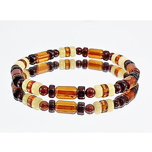 AMBER ALEX Multi-Color Amber Round, Barrel & Tablet Beads Stretch Bracelet. Genuine Baltic Amber.