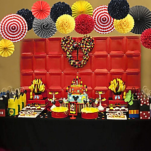 Red Yellow Black Hanging Paper Party Decorations, Round Paper Fans Set Paper Pom Poms Flowers for Mickey Mouse Theme Firetruck Birthday Wedding Graduation Baby Shower