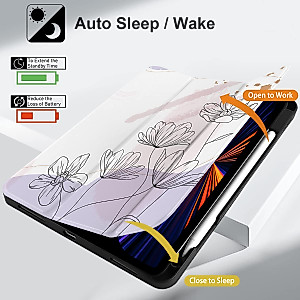 TWOLSKOO Case for iPad Pro 11-inch 4th Generation 2022, [Built-in Pencil Holder] Trifold Stand & Auto Wake/Sleep, Shockproof Cover Soft Back Shell, Also Fit iPad Pro 11" 3rd/2nd/1st Gen, Floral Line