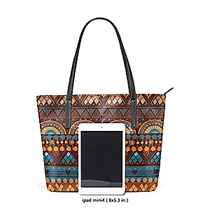 Leather Tote Bag for Women with Zipper Handbags Shoulder Bag African Print Geometric Ethnic Brown Pockets Work Travel Small Office Business