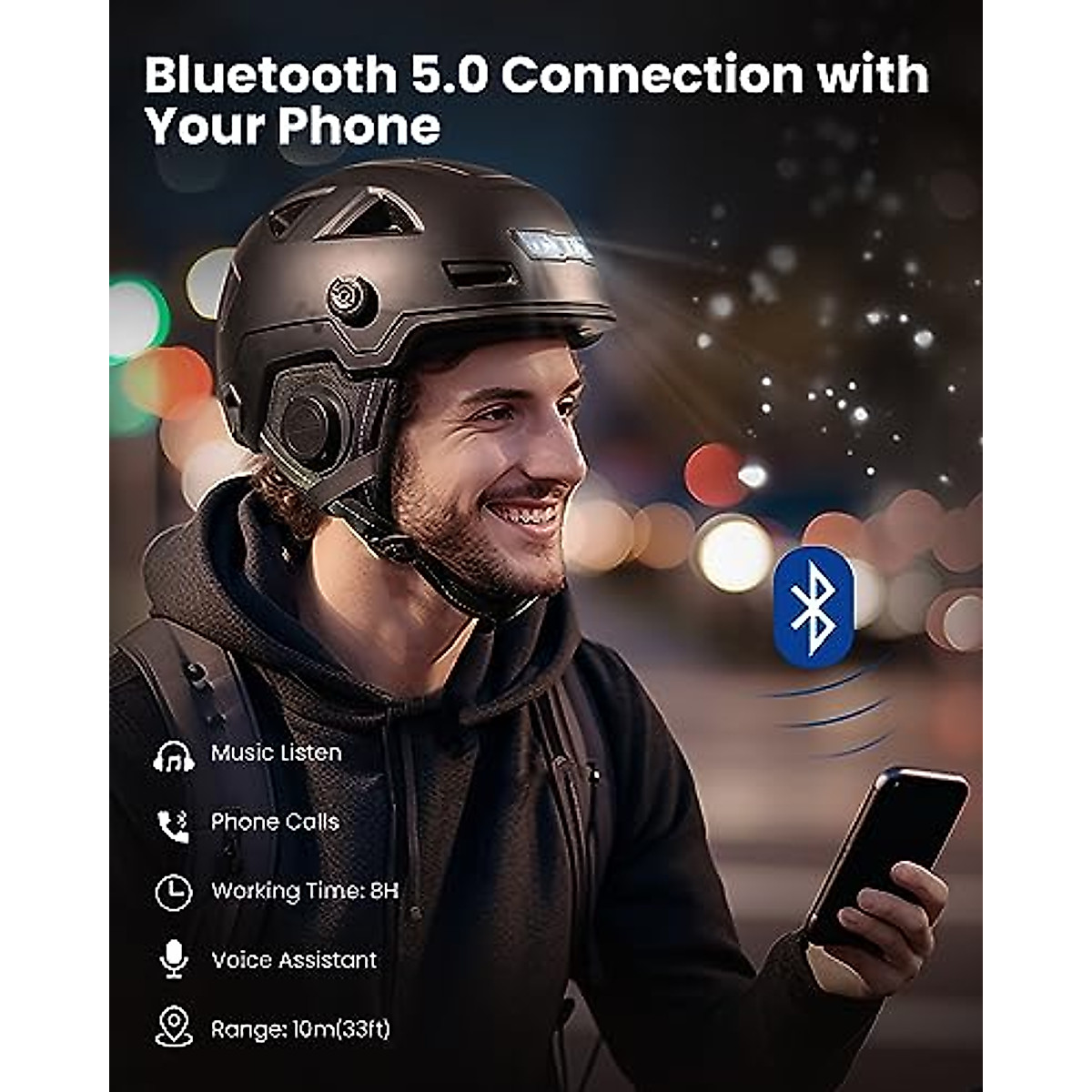 ILM Bluetooth Smart Bike Helmet Brake Warning LED Light Control NTA8776 CE CPSC Triple Certification Adult Bicycle Casco Men Women Matte Black Large X-Large