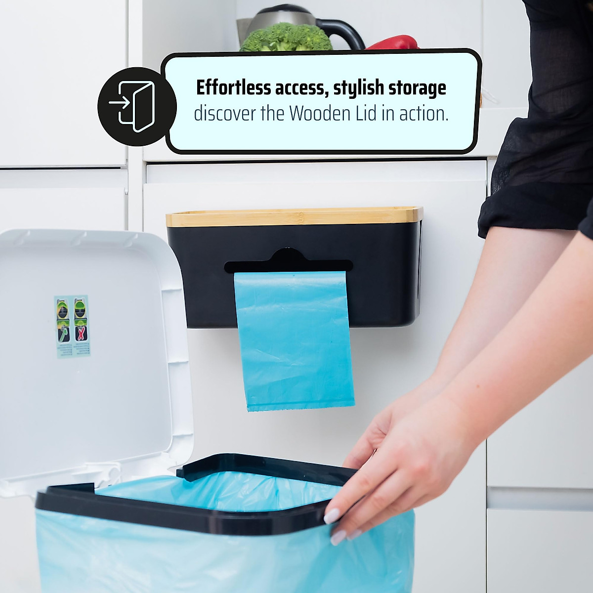 BAGSWAY Trash Bag Holder with Wooden Lid - Wall-Mounted Bag Dispenser with Metal Hook & Sticker to Hang - Versatile Organization for Countertop - Trash Bag Dispenser for Clean and Tidy Spaces