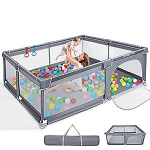 Baby Playpen, 71x59 Extra Large Playpens for Babies and Toddlers, Safe No Gaps Kids Play Yard with Breathable Mesh 2 Handles, Baby Gate Playpen, Baby Fence Indoor & Outdoor （Gray）