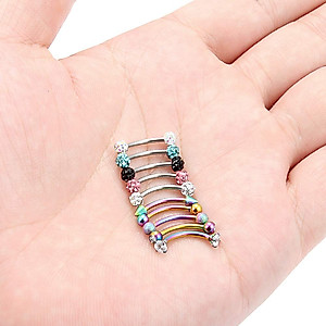 Lcolyoli 10 Pcs 16G Stainless Steel Eyebrow Piercing Rings with Clear Diamond CZ Curved Barbell Rook Daith Earring Piercing Body Jewelry for Women Men Silver-tone Rainbow 10mm