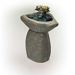 Alpine Corporation 30" Tall Outdoor Pedestal Lotus Rock Waterfall Fountain with LED Lights, Brown/Gray