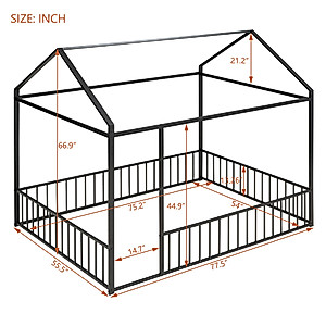 P PURLOVE Full Size Montessori Floor Bed,Full Metal House Bed Frame with Fence Rails for Kids,Montessori Playhouse Beds for Girls Boys Teens, Box Spring Required,Black