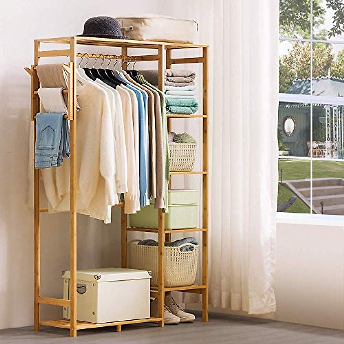 Ufine Bamboo Garment Rack 6 Tier Storage Shelves Clothes Hanging Rack with Side Hooks, Heavy Duty Clothing Rack Portable Wardrobe Closet Organizer