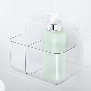 Lunmore Plastic Wall Mount Organizer, Clear Adhesive Shower Storage Box Organizer No Drilling Hang Walls/Doors for Kitchen, Bathroom, Bedroom, Cabinet, Office, Craft Room (Small Size with Divider)