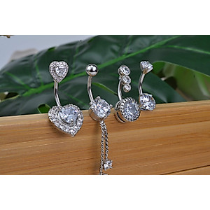 14G Surgical Steel Belly Button Rings Round Love Heart Clear CZ Navel Curved Barbell Studs Sexy Body Piercing (4PCS - Steel)