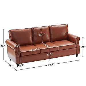 WILLOVE 79'' Faux Leather Sofa, Classic 3 Seater Leather Couch with Rolled Arm and Nailhead Trim, Mid-Century Modern Couch for Living Room, Apartment, Easy to Install, Tan Brown
