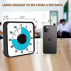 Secura 60-Minute Visual Countdown Timer, 7.5-Inch Oversize Classroom Visual Timer for Kids and Adults, Durable Mechanical Kitchen Timer Clock with Magnetic Backing (Blue)