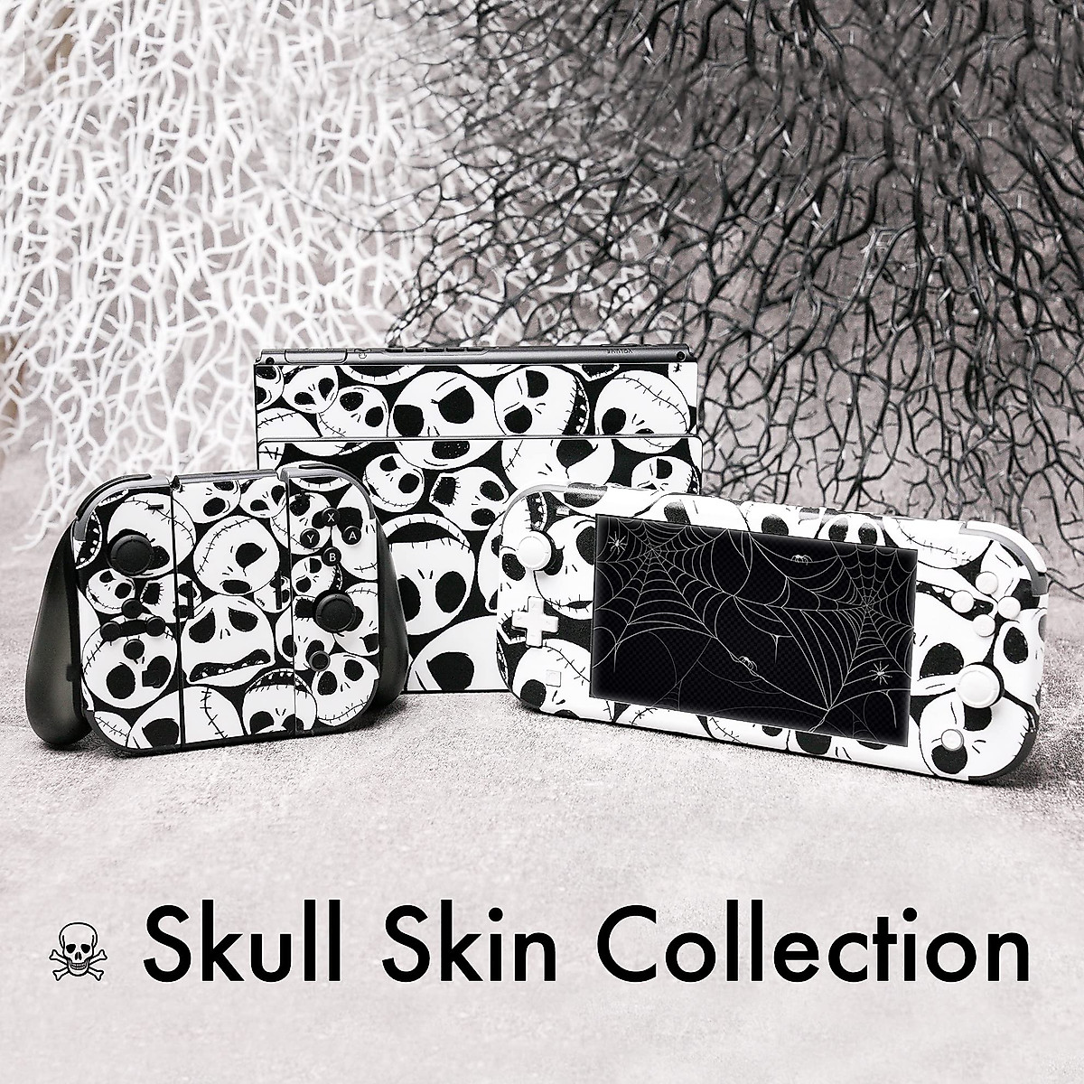 BelugaDesign Skulls Switch Skin | Gothic Sticker Wrap Vinyl Decal | Nightmare Halloween Horror | Compatible with Nintendo Switch (Switch Lite, Black White)