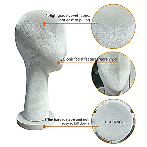 DE-LIANG Female Velvet Head Dress Form Mannequin Fully Pinnable Head for Hat Wig Jewelry Earring Scarves Display Clothing Fabric Head Model for Sale Silver Grey40cm