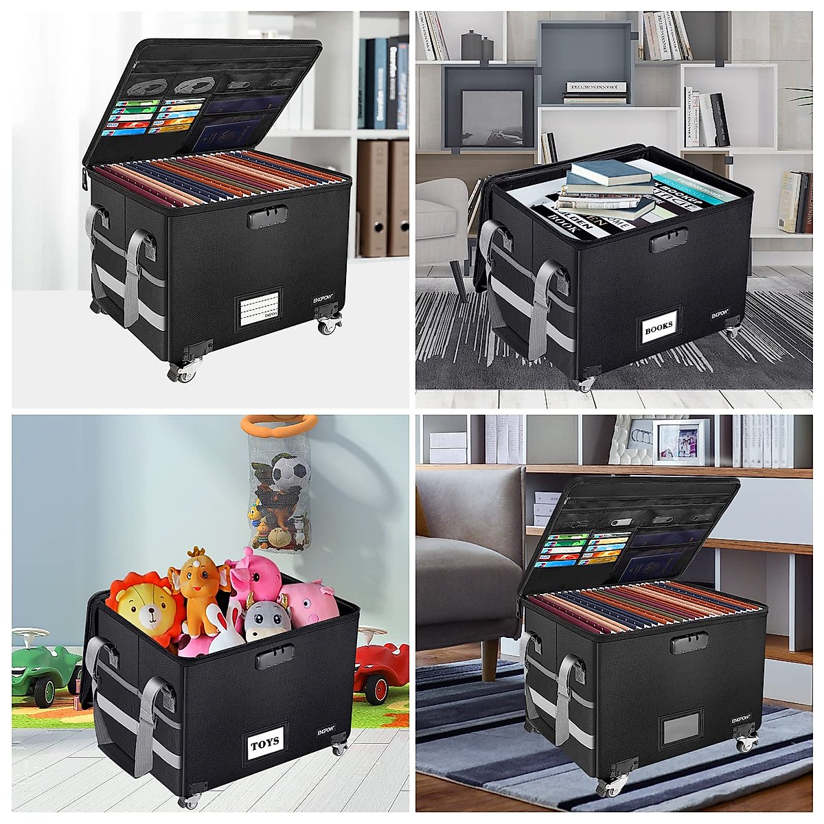 ENGPOW Fireproof Document Box with Wheels, Collapsible File Box with Lock, Rolling File Storage Organizer Filing Cabinet with Pockets, Portable Home Office Safe for Hanging Letter/Legal Folder
