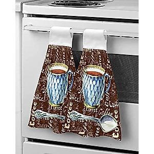 Retro Farm Coffee Theme Hanging Kitchen Towels Set of 2, Hand Towels with Loops, Vintage Shabby Coffee Brown Water Absorbent Dish Cloth Tie Towels Tea Bar Towels Hand Towels for Bathroom