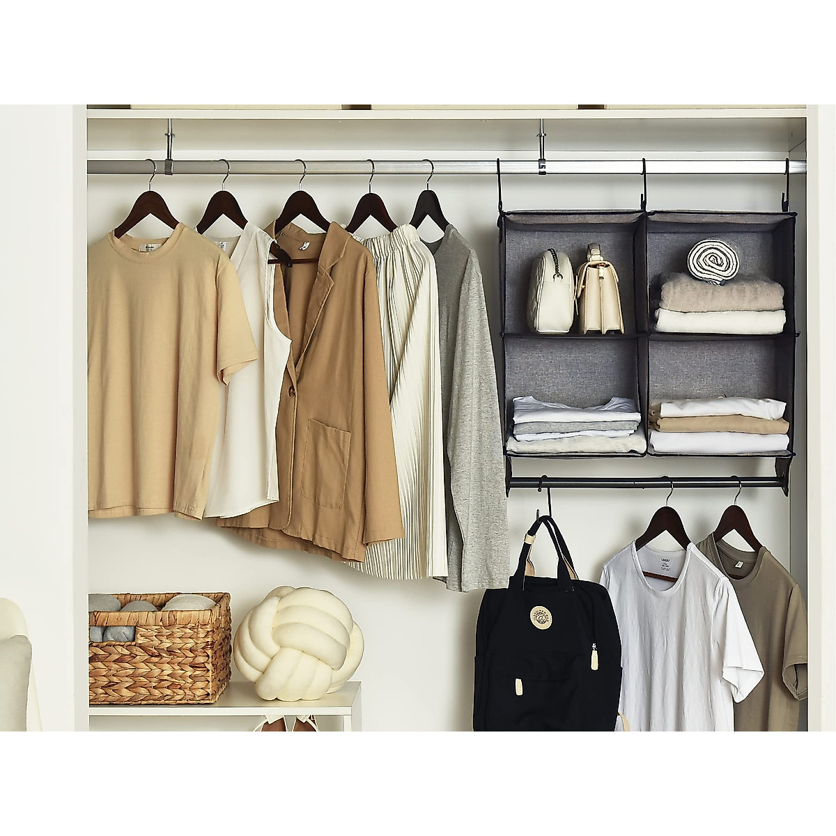 StorageWorks Hanging Closet Organizer with Garment Rod, 4 Section Closet Hanging Shelves, Fabric, Mixing Brown and Gray, 24 ½”W x 12 ¼”D x 28”H