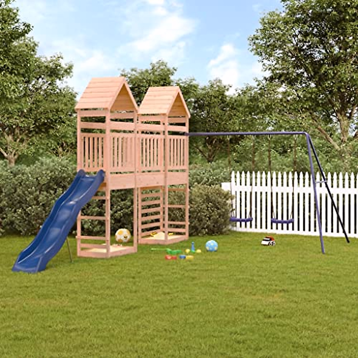 GOLINPEILO Outdoor Playset Solid Wood Douglas,Garden Play Set with 1 Play Towers with Bridge,1 Wave Slide,1 Double Swing Set,Modern Outdoor Backyard Children's Climbing Wood Playground Playset,-4595