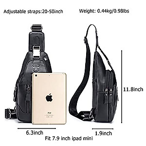 BULLCAPTAIN Genuine Leather Sling Chest Bag Multi-pockets Men Crossbody Bag Travel Casual Small Shoulder Backpack (Black)