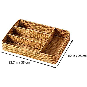 Rosarivae Rattan Silverware Tray Kitchen Drawer Organizer Cutlery Storage Basket Compartment Forks Spoon Wicker Storage Tray Rattan Flatware Tray for Home Latware and Kitchen Utensils