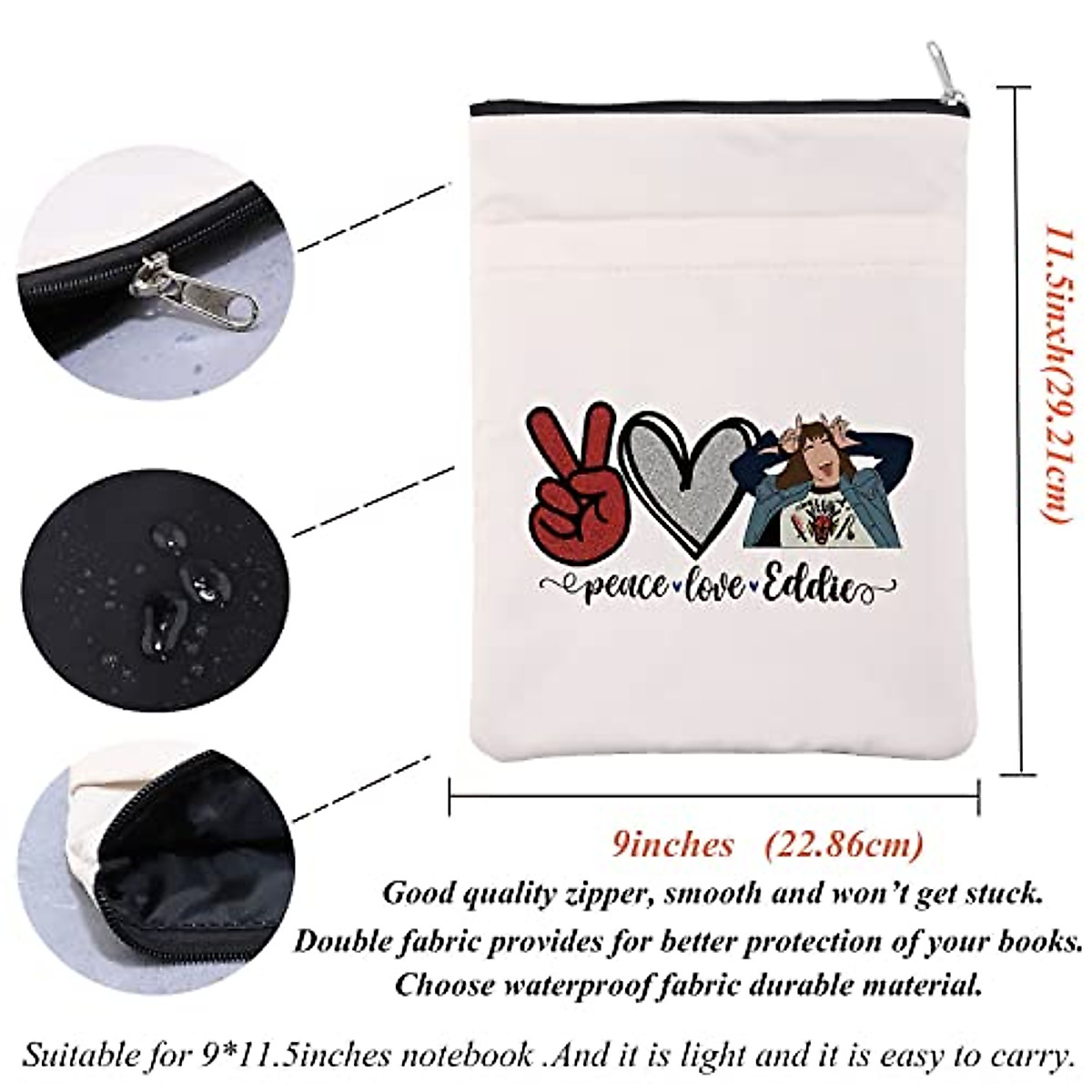 Eddie Lovers Book Sleeve ST Season Merchandise Book Cover Peace Love Eddie Book Sack Munson Book Pouch Gift for ST Fans (PLEddieBS)