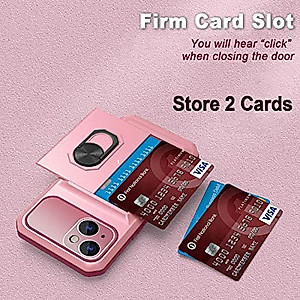 WATEFULL for iPhone 14 Case Wallet Card Holder with Kickstand Ring, iPhone 14 Case Cover 6.1” with Sliding Card Slot Hybrid Shockproof Bumper [Integrated Camera Cover] with 1 Screen Protector (Pink)