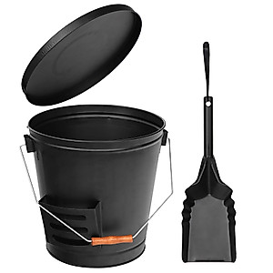 HomGarden 5.15 Gallon Galvanized Metal Coal Ash Bucket with Handle Lid and Shovel, Indoor Outdoor Black Hot Ash Pail for Fire Pits, Grill, Wood Burning Stoves, Fireplace, Accessories