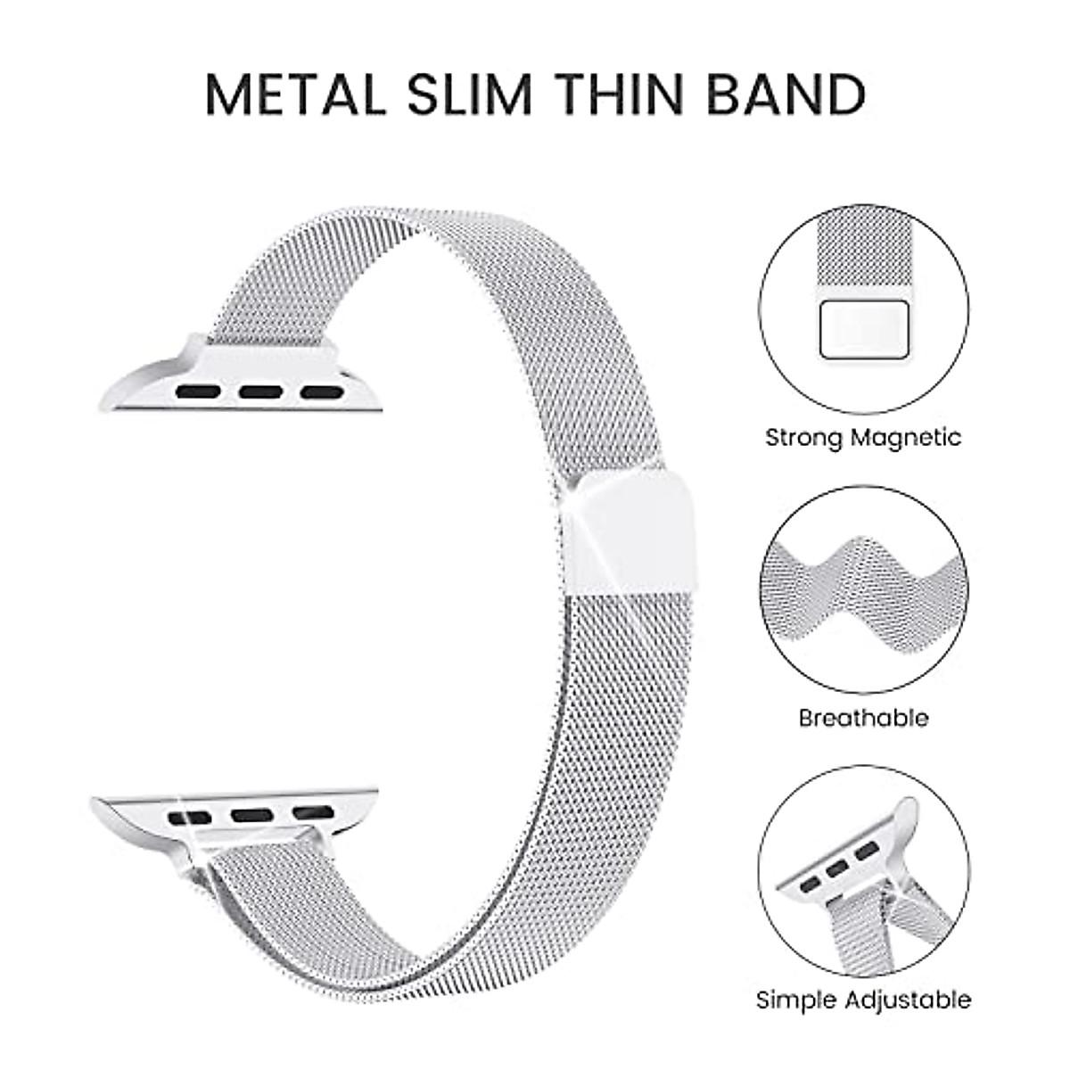 ZXCASD Metal Bands Compatible with Apple Watch Band 38mm 40mm 41mm for Women,Slim Stainless Steel Loop Magnetic Clasp Strap for iWatch Series 8 7 6 5 4 3 2 1 SE（38mm 40mm 41mm,Silver