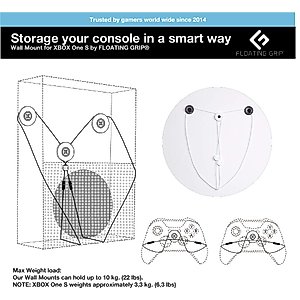 Xbox One S Wall Mount Solution by FLOATING GRIP - Mounting Kit for Hanging Game Consoles - Strong & Slim Ropes - Easy-to-Install System (Bundle: Fits XBOX One S + 2x Controllers, white)