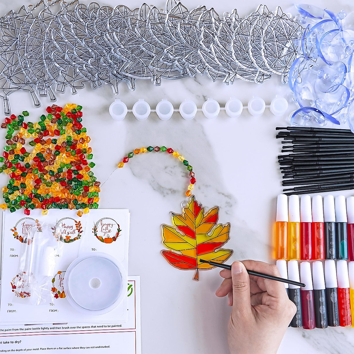 Winlyn 24 Sets Fall Leaf Suncatchers Ornaments Decorations DIY Window Paint Art Suncatchers Craft Kits Autumn Maple Leaf Sun Catchers for Kids Classroom Thanksgiving Harvest Party Art Project