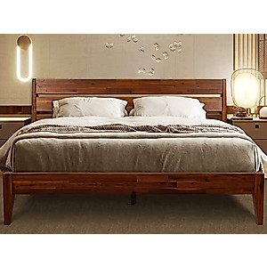 Acacia Emery Bed Frame with Headboard Solid Wood Platform Bed, King Size Bed Frame, Sturdy Natural Wood Bed Compatible with All Mattress Types, No Box Spring Needed, Wood Slats Support, Chocolate