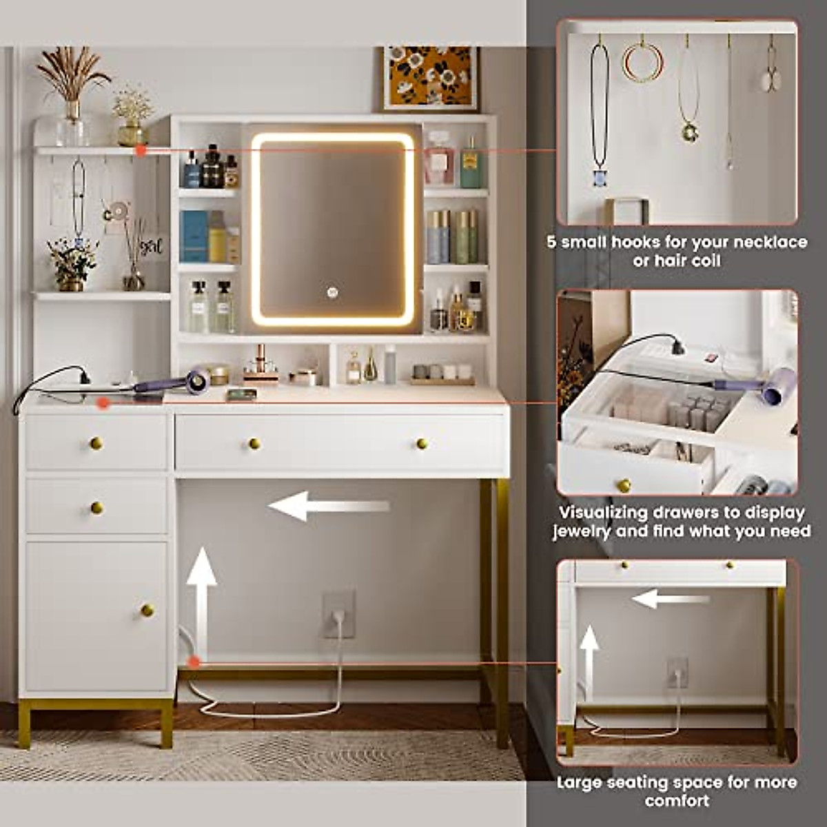 AOGLLATI Makeup Vanity with Lights in 3 Colors, White Vanity Desk with Mirror and Lights, Vanity Table with Charging Station, Makeup Desk with Visible Drawers, Hidden and Open Storage Shelves