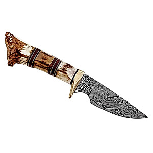 Damascus Steel Hunting Knife - Fixed Blade Knives with Sheath - Firm Grip Handle Made of Stag Horn(ST2)