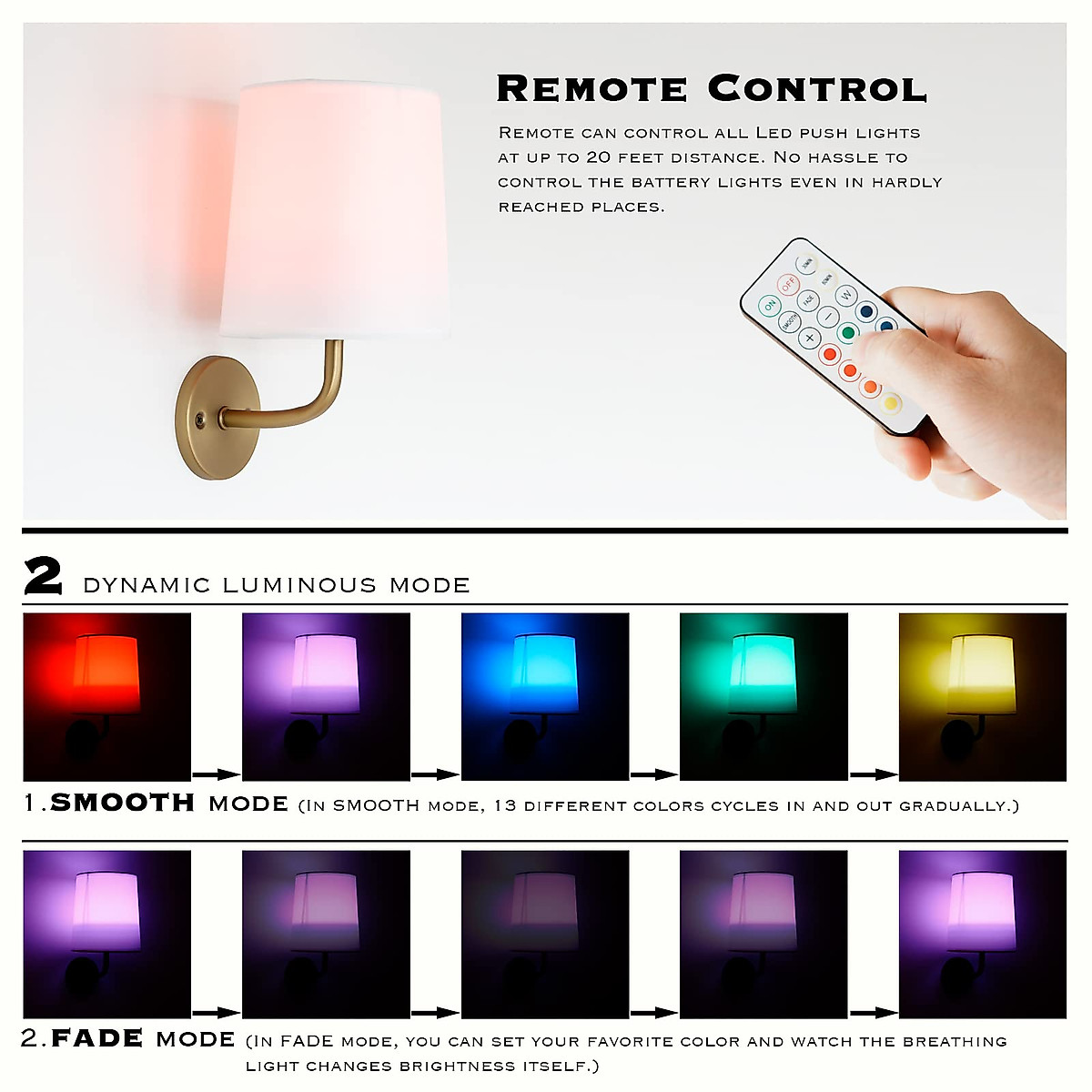 HEQIQEH Rustic Vintage Battery Operated RGB Wall Sconce Light Fixture with Remote Control, Flared Funnel Linen Fabric Shade Dimmable Nightstand Lamps for Bedroom Bedside, 2 Packs (Antique)