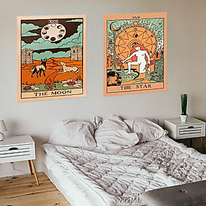 ZeeDix 4 Pcs Tarot Flag Tapestry- Small Tarot Card Europe Mysterious Medieval Tapestry, The Strength, The Sun, The Moon, The Star Astrology Divination Tapestry for Home Room with Seamless Nails