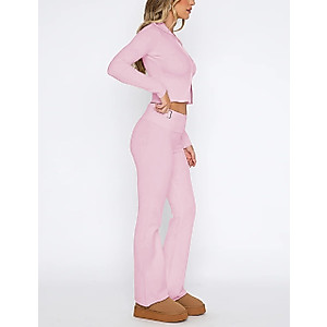 Springrain Women Sweater Sets 2 Piece Lounge Sets Ribbed Zip Hoodie Knitted Outfits(Pink-S)