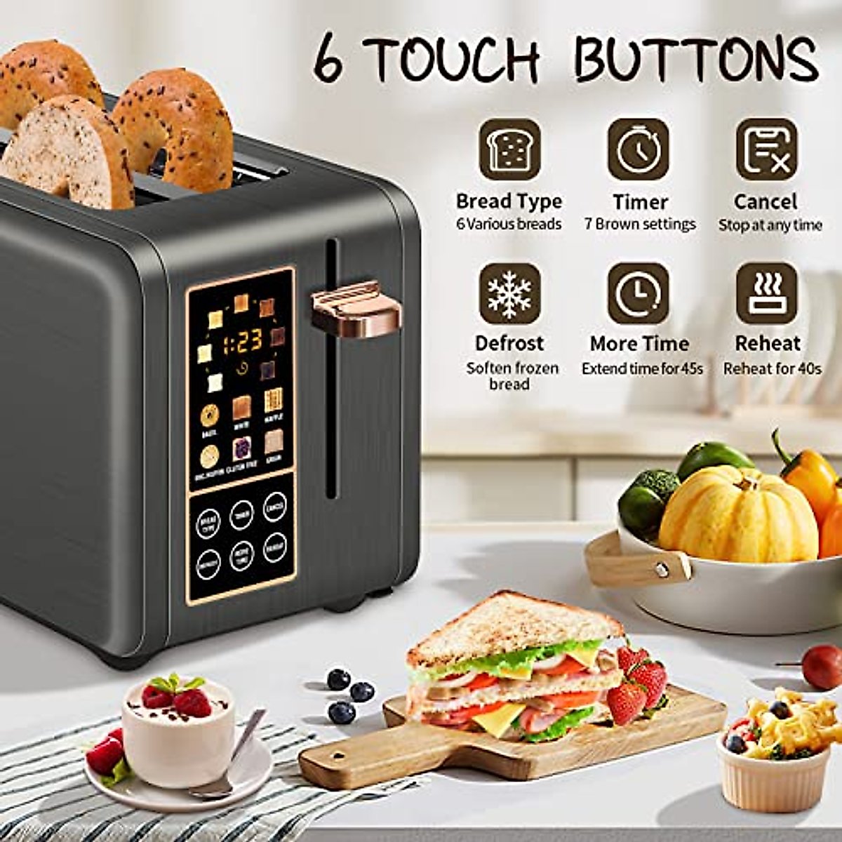 SEEDEEM Toaster 4 Slice, Long Slot Toaster with LCD Display Touch Buttons, 7 Shade Settings, 6 Bread Selection, Stainless Steel Toaster for Bagel, Defrost, Cancel, Removable Crumb Tray, 1400W, Dark Metallic