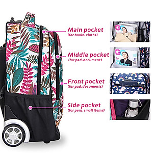 2022 Rolling Backpack for Kids Adults, 18" Waterproof Backpack with Wheels for Girls Boys, Roller Bookbags for School Travel, Age 7+, White Flower