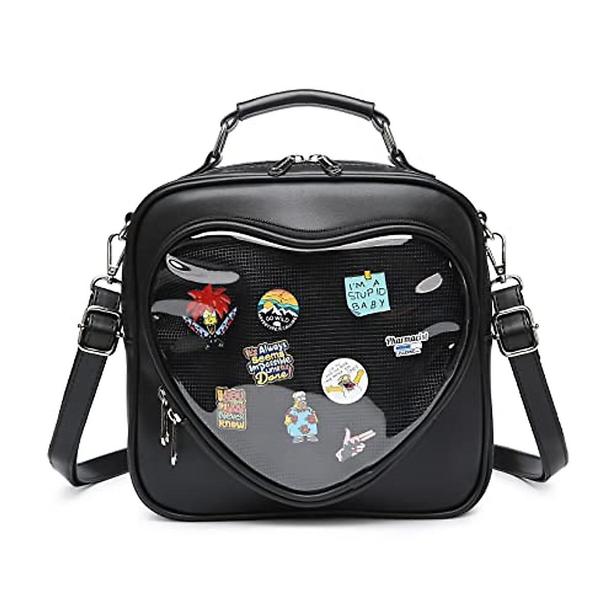 RAINBOW SMILE Ita Bag Multi-Purpose Backpack Crossbody Heart Purse Kawaii Pin Display Bag with Insert （2117-Black